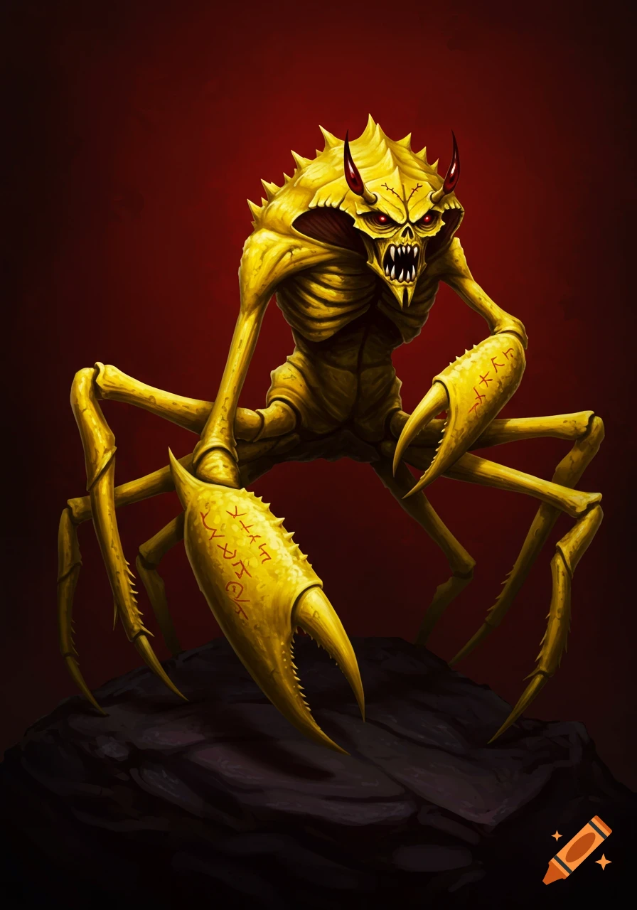 A yellow, lanky demonic monster with crab claws stands on a rock ...