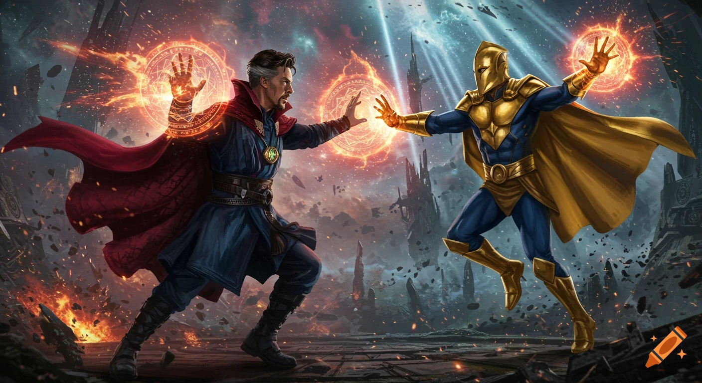 Doctor Strange and Doctor Fate battle with magic in a fantasy landscape ...