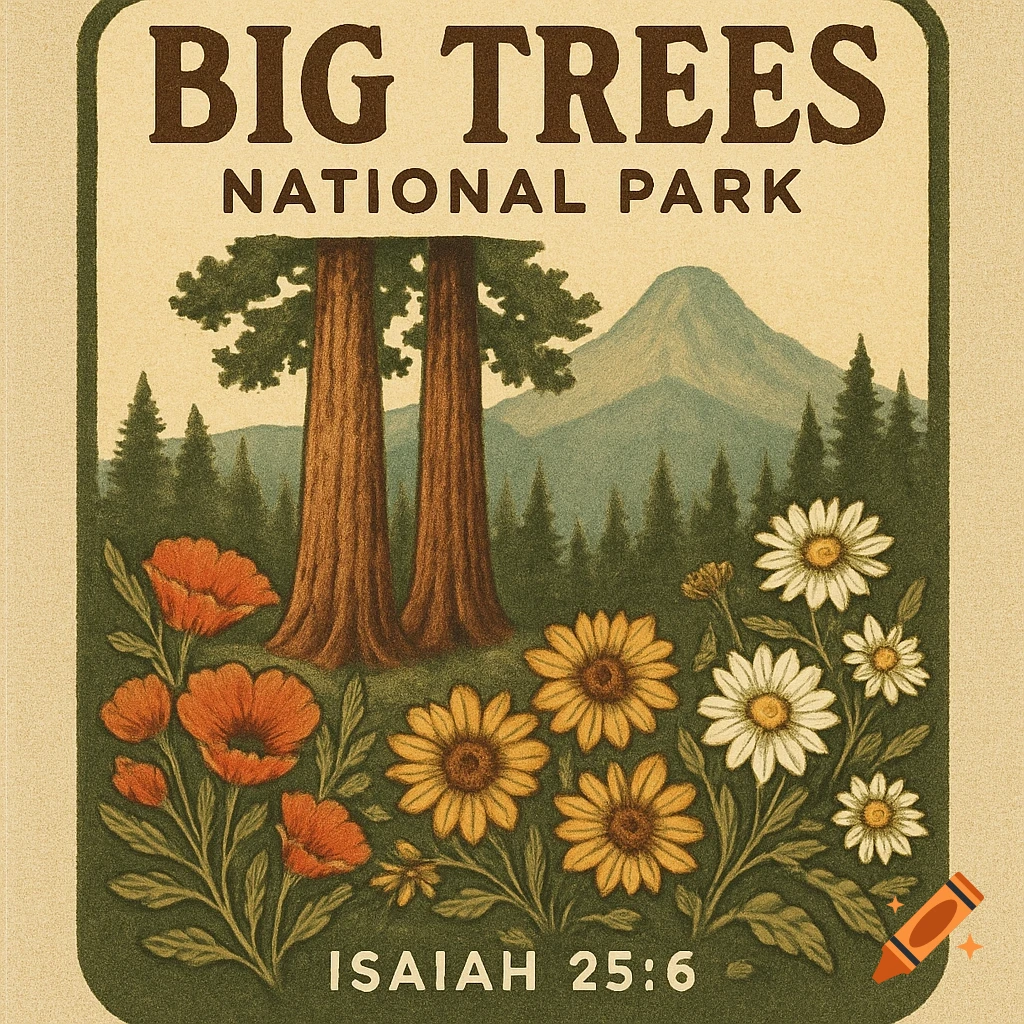 Vintage illustration of trees, mountains, wildflowers, with text "BIG ...