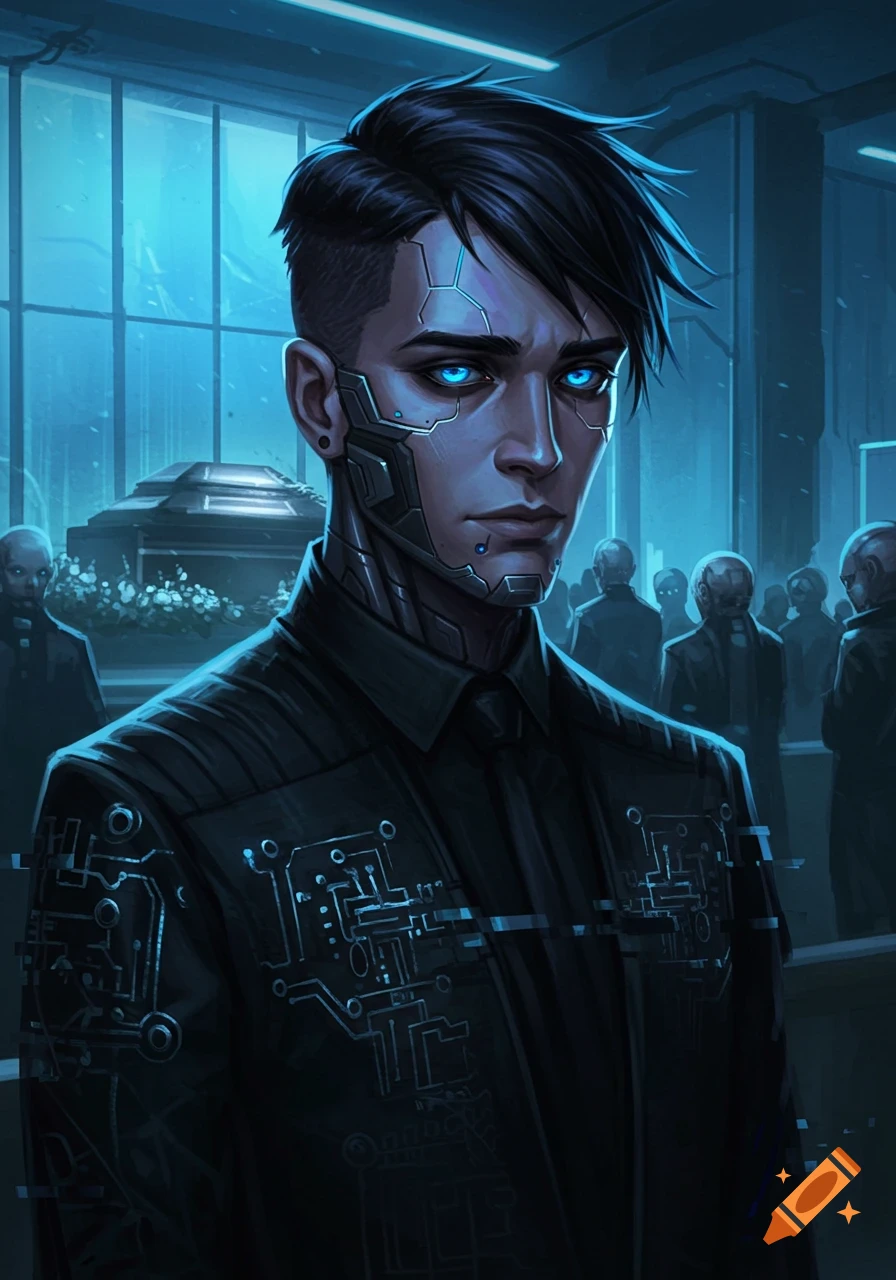 Cybernetic person with glowing blue eyes at a futuristic funeral scene ...