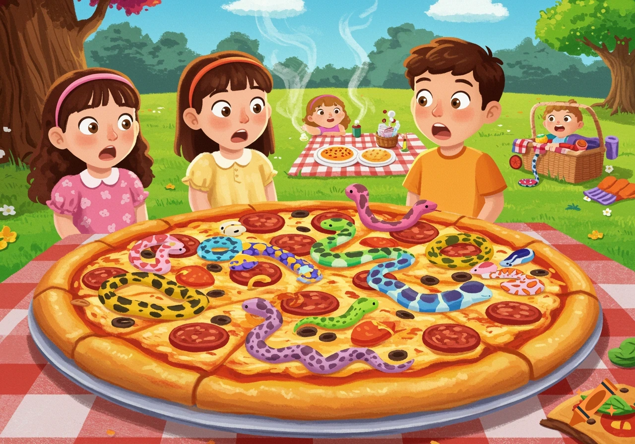 Illustrated scene of three children looking shocked at a pizza covered ...