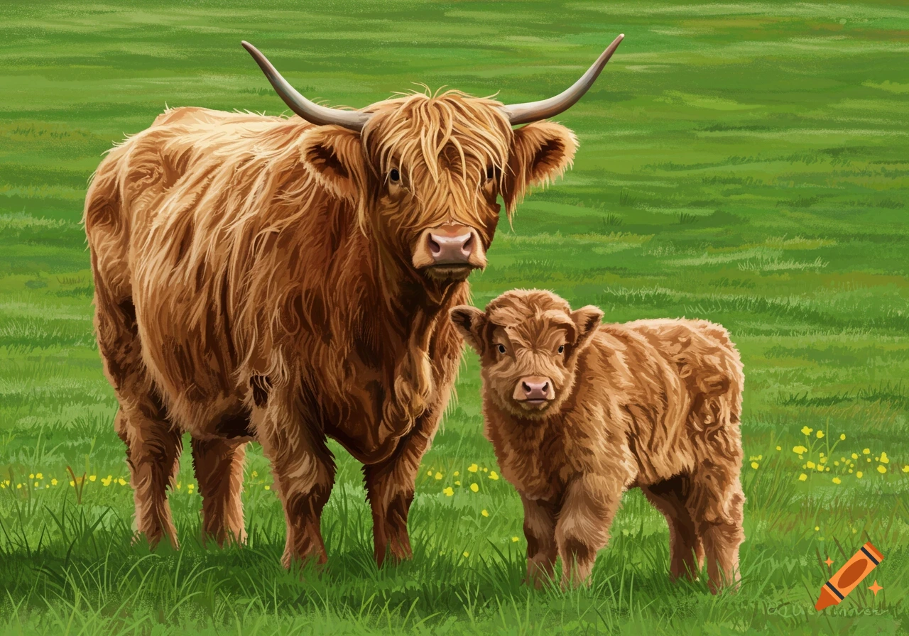 A mother and baby highland cow stand in a grassy field. on Craiyon