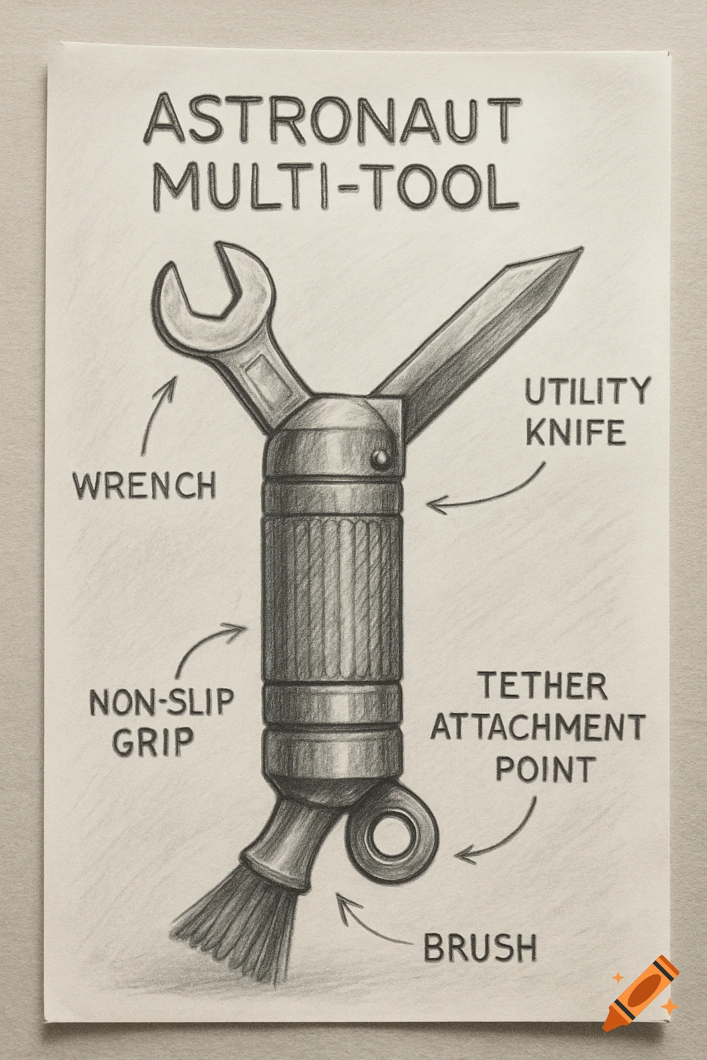 Pencil sketch of an astronaut multi-tool with labels pointing to its ...