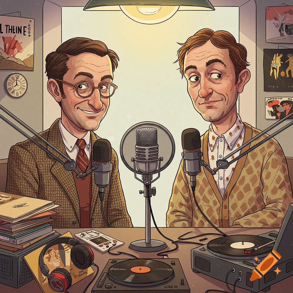 Illustration of two men in a vintage podcast studio with microphones ...
