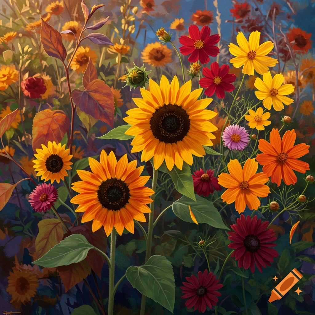 Painterly close-up of sunflowers, cosmos, and other fall flowers in ...