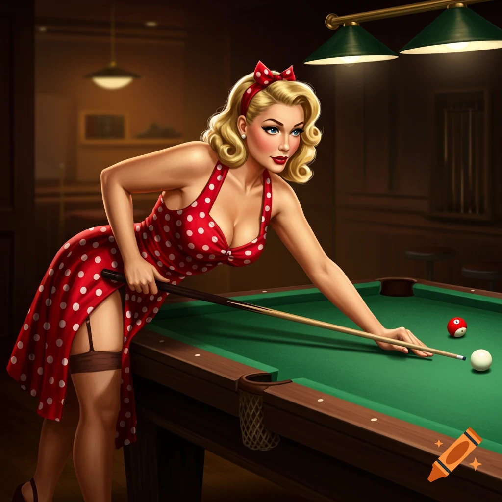 Illustration of a pinup girl in a red polka dot dress playing pool on Craiyon