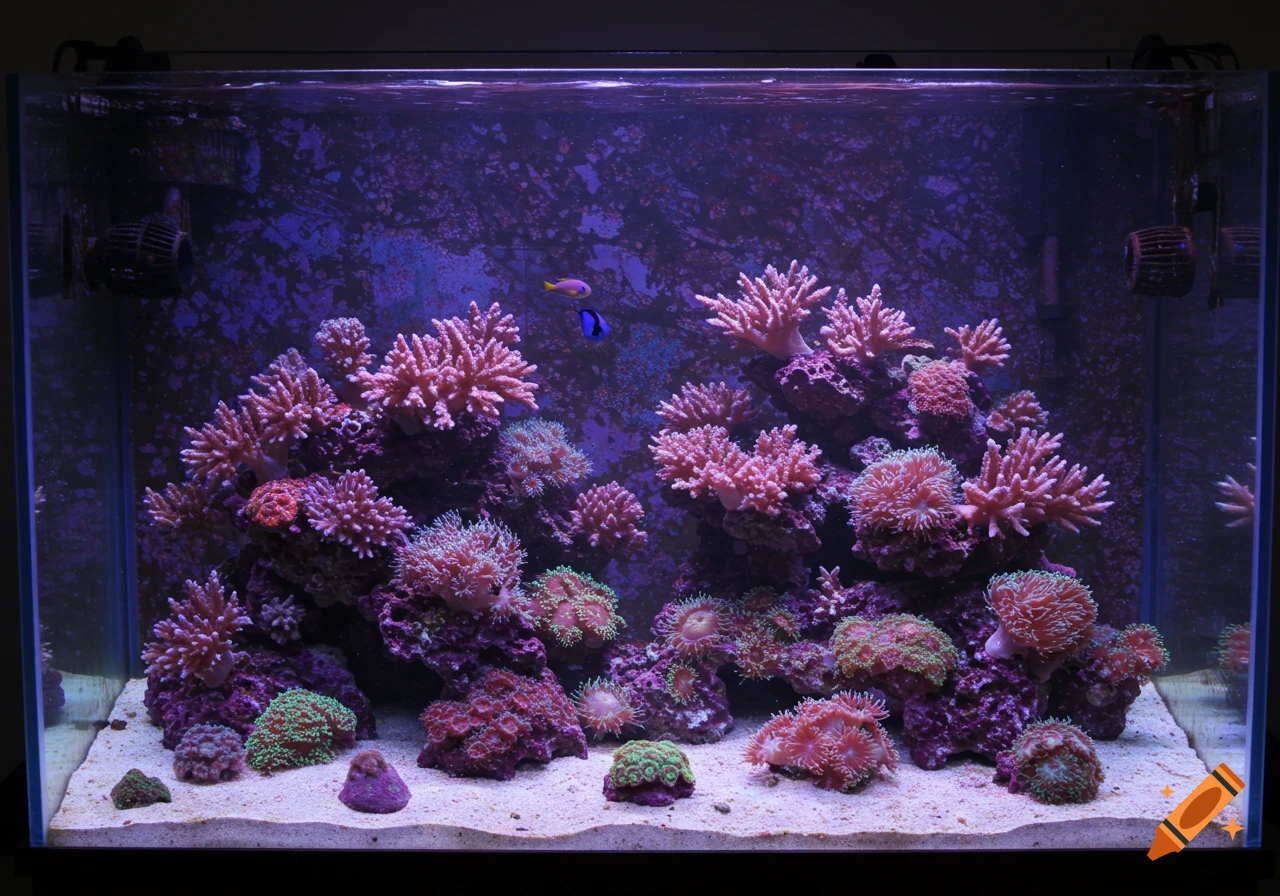 A vibrant reef aquarium filled with pink and green corals, live rock ...