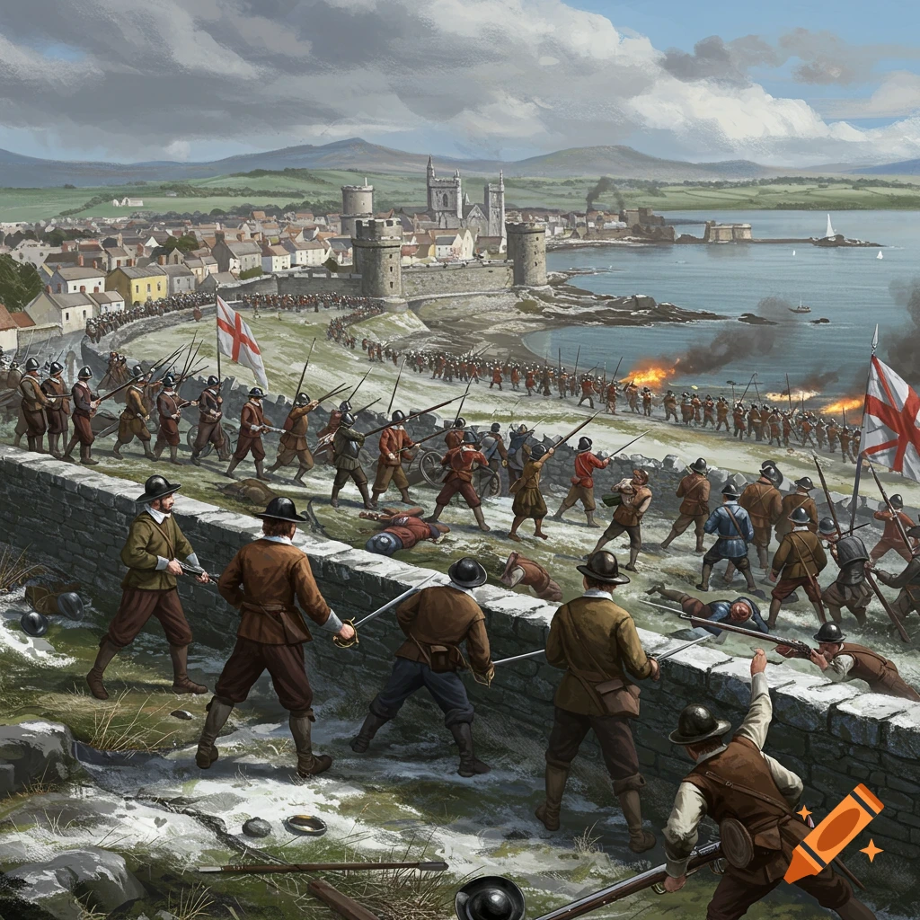 Illustration of a historical battle scene with soldiers fighting near a ...