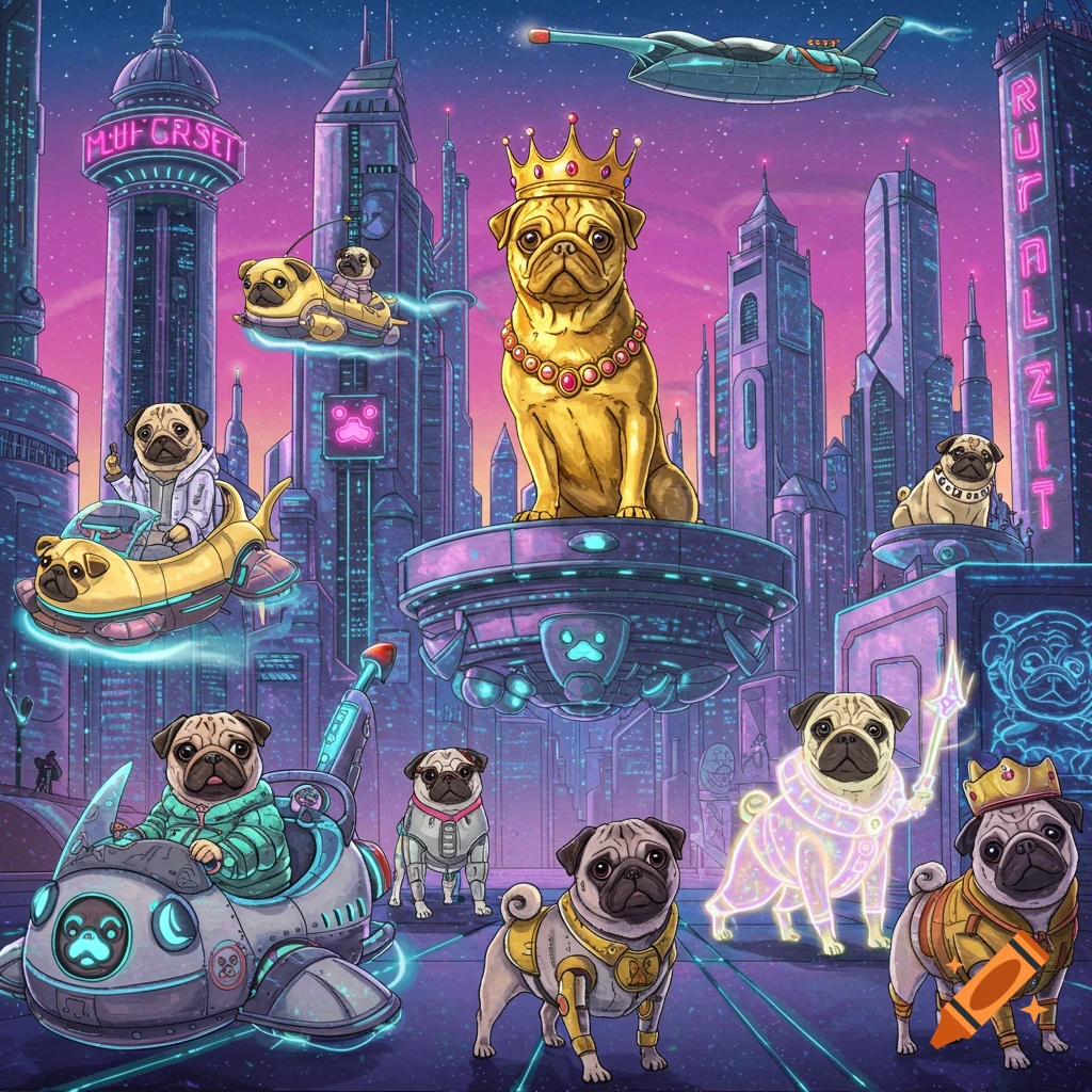 Cartoon illustration of pugs as leaders in a futuristic cyberpunk city ...