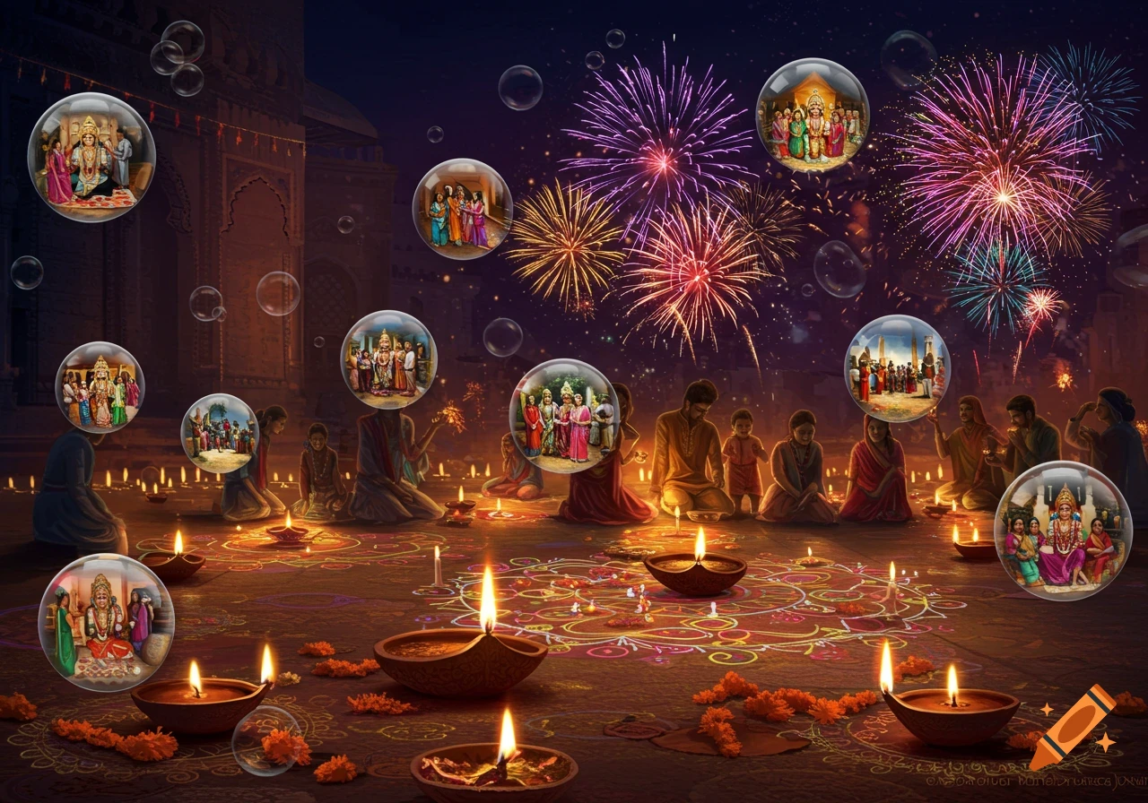 People celebrate Diwali with diyas, rangoli, fireworks, and bubbles ...