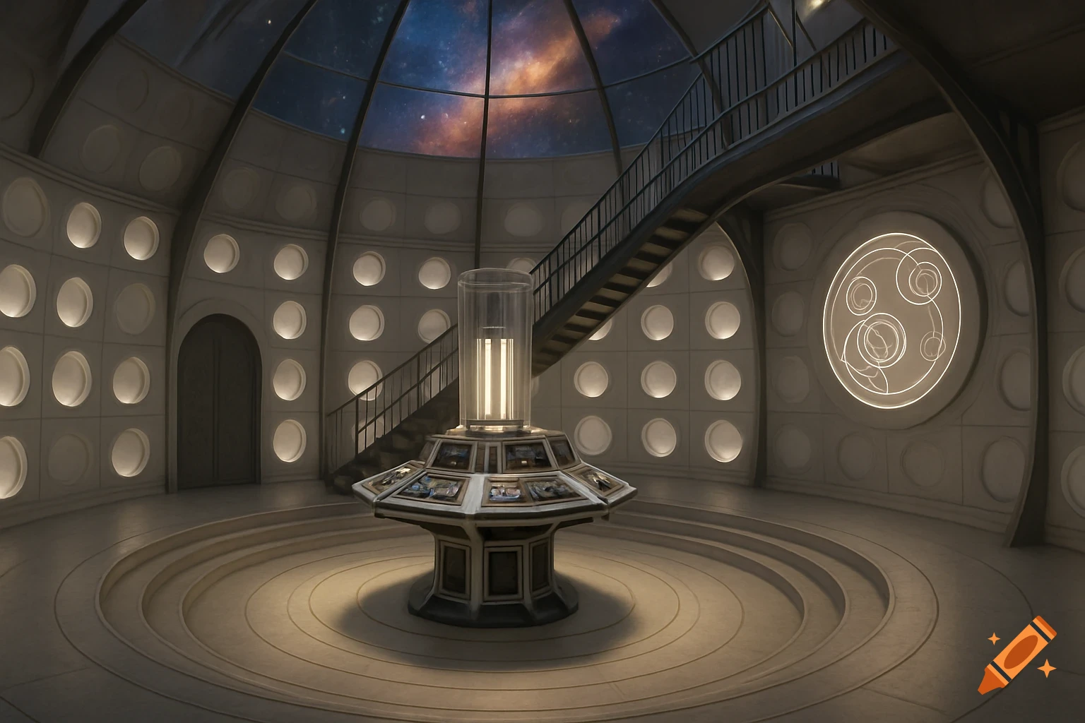 A vast, dome-shaped sci-fi interior with a central console, stairs ...