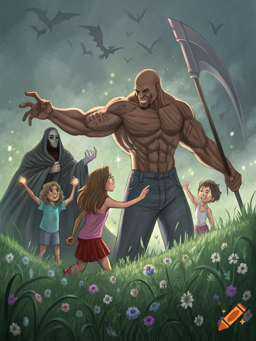 Illustration of a muscular man shielding three happy children from a ...