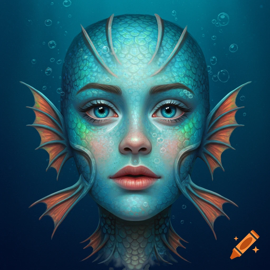 Close-up portrait of a face with blue and green fish scales, fins, and ...