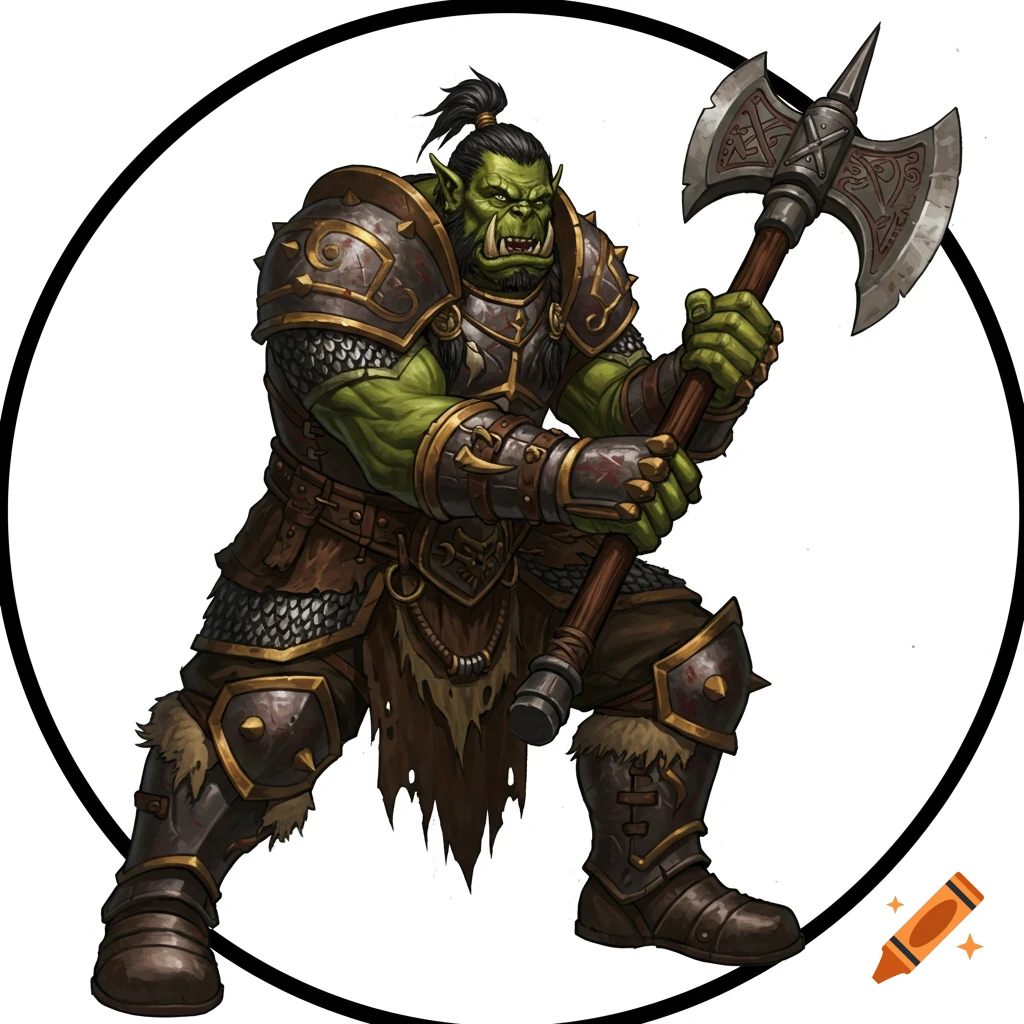 Illustration of an orc wearing armor and holding a double axe on Craiyon