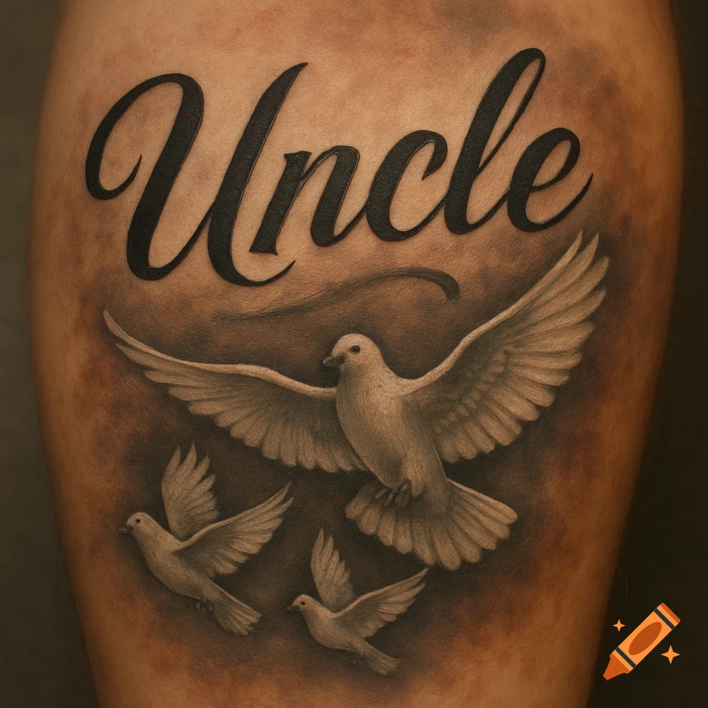 Realistic tattoo of the word Uncle with three doves flying below it. on ...
