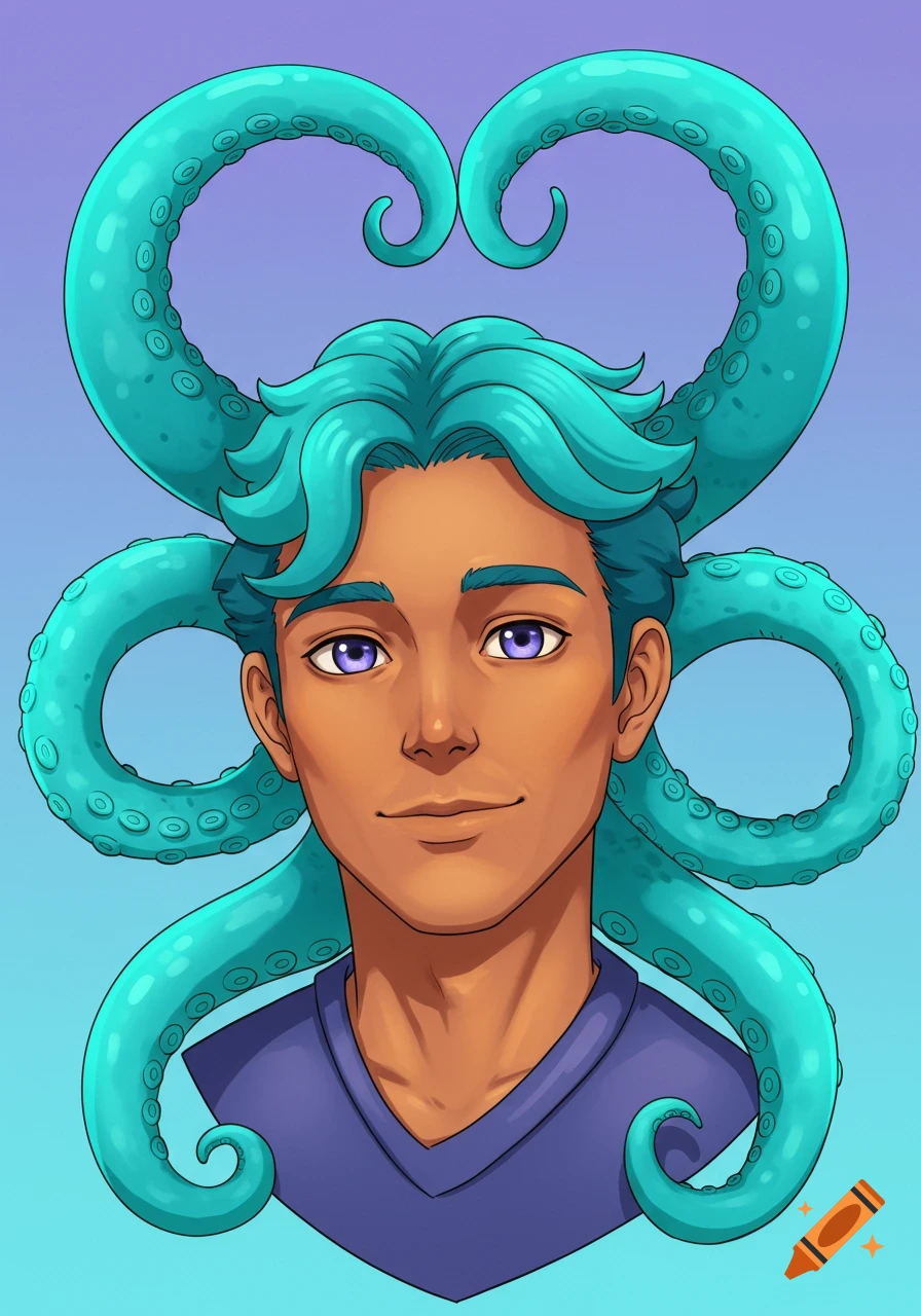 Anime portrait of a young man with turquoise octopus tentacles for hair ...