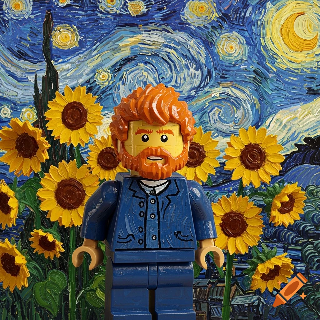A Lego figure resembling Vincent van Gogh stands in front of a backdrop ...