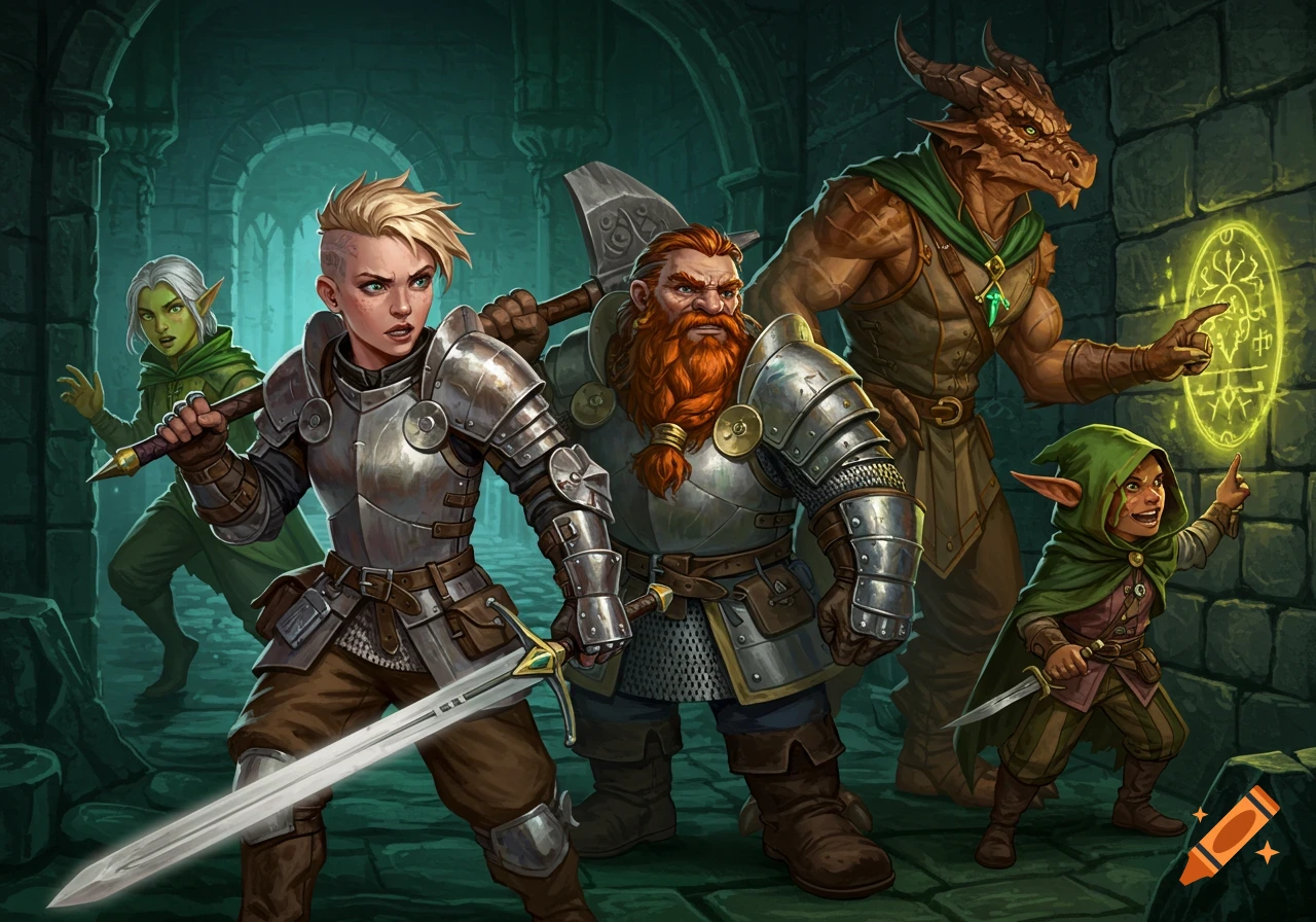 A fantasy adventuring party in a dungeon. on Craiyon