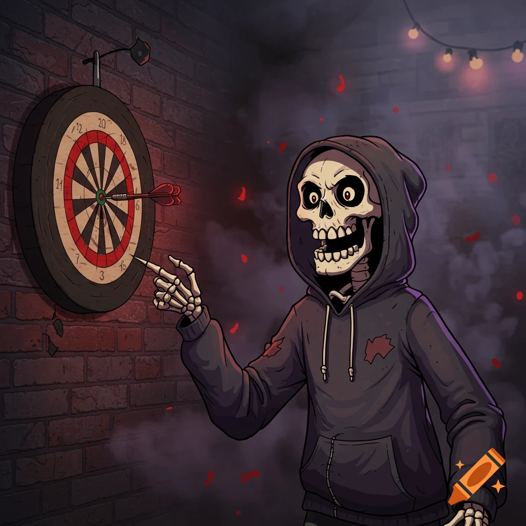 Cartoon skeleton playing darts in a dimly lit room. on Craiyon
