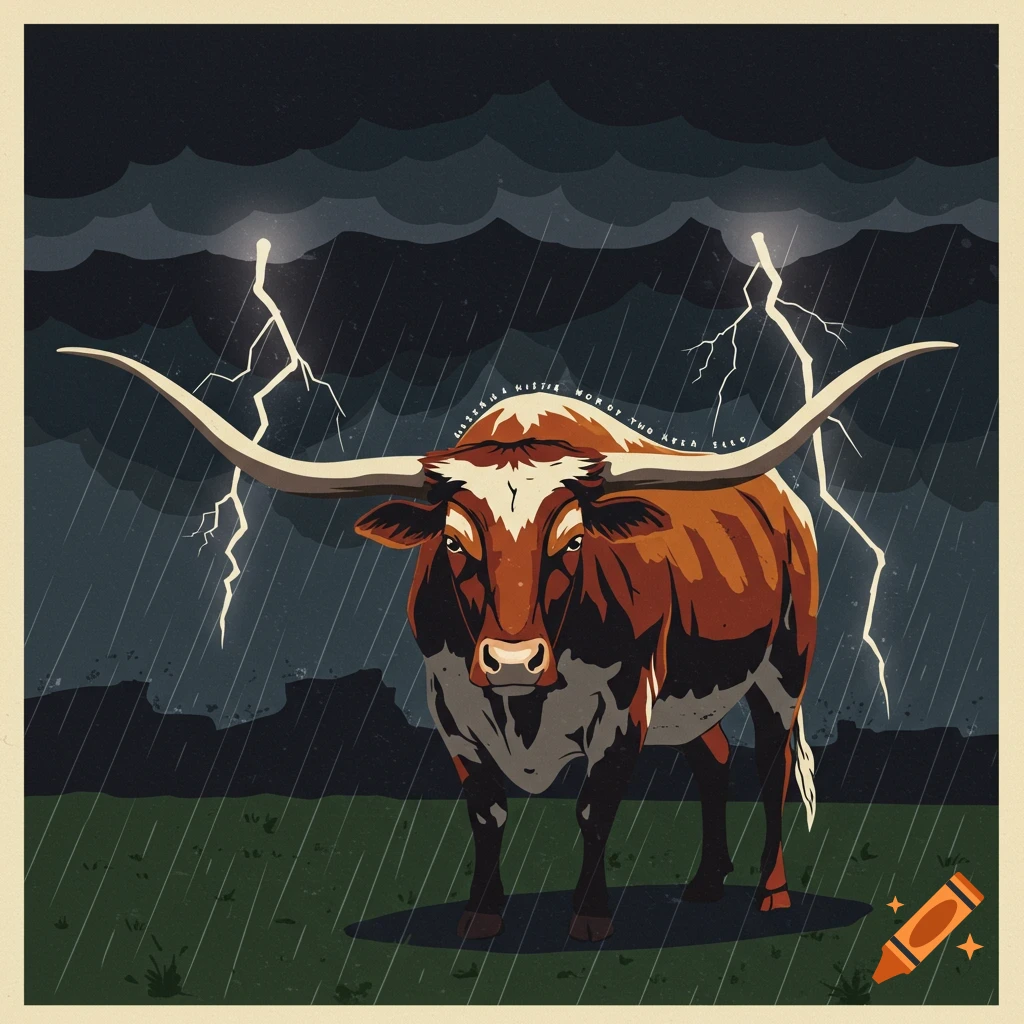 Stylized illustration of a longhorn bull standing in a storm with ...