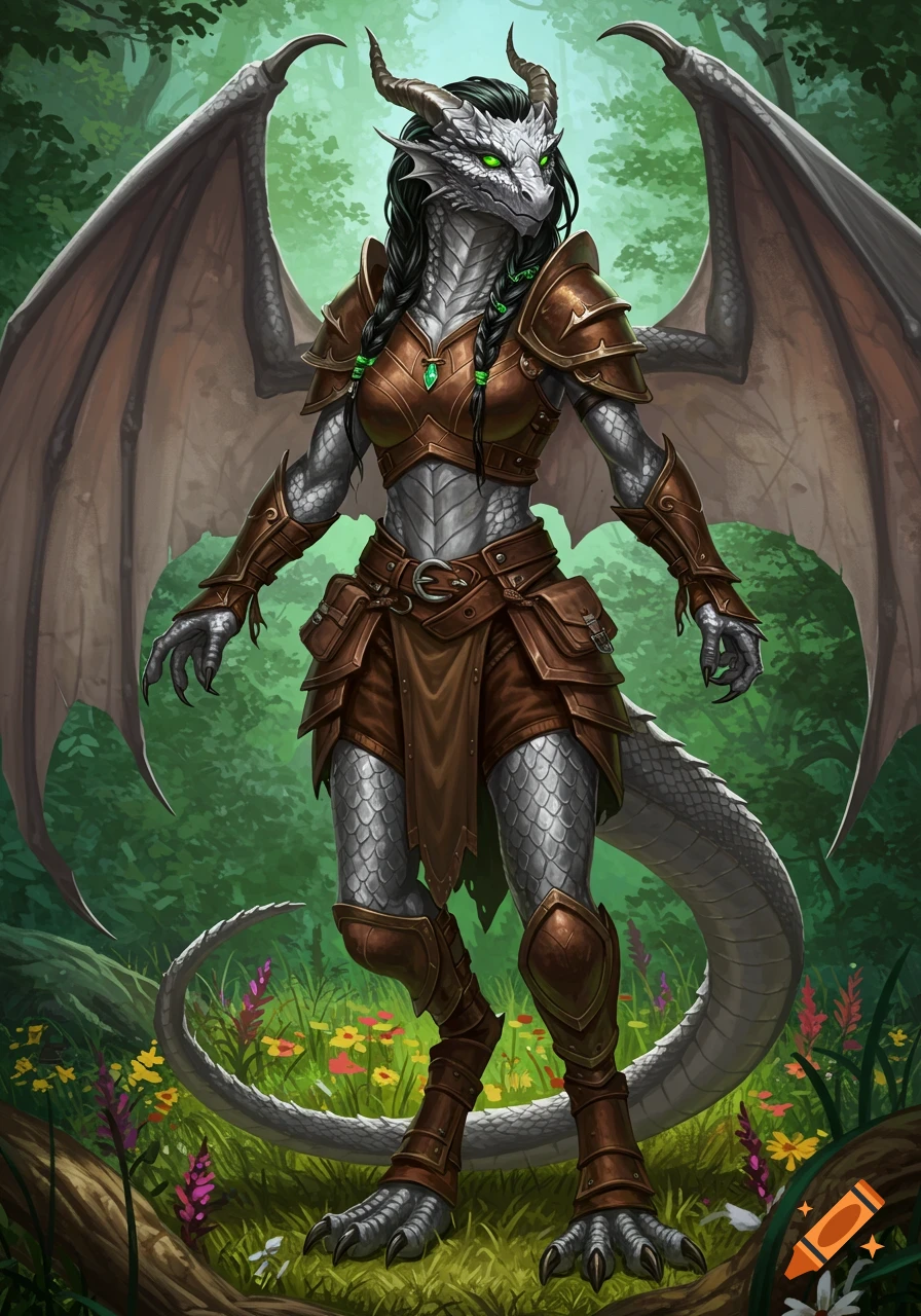 A silver half-dragon female in brown leather armor stands in a forest. on Craiyon
