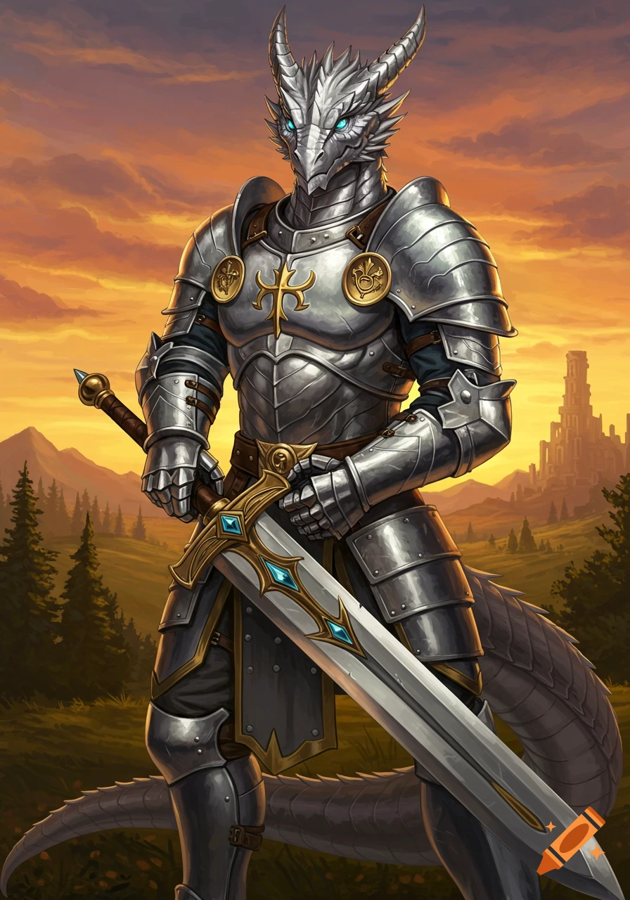 A silver Dragonborn Paladin in ornate armor holds a greatsword in a fantasy landscape with a ...