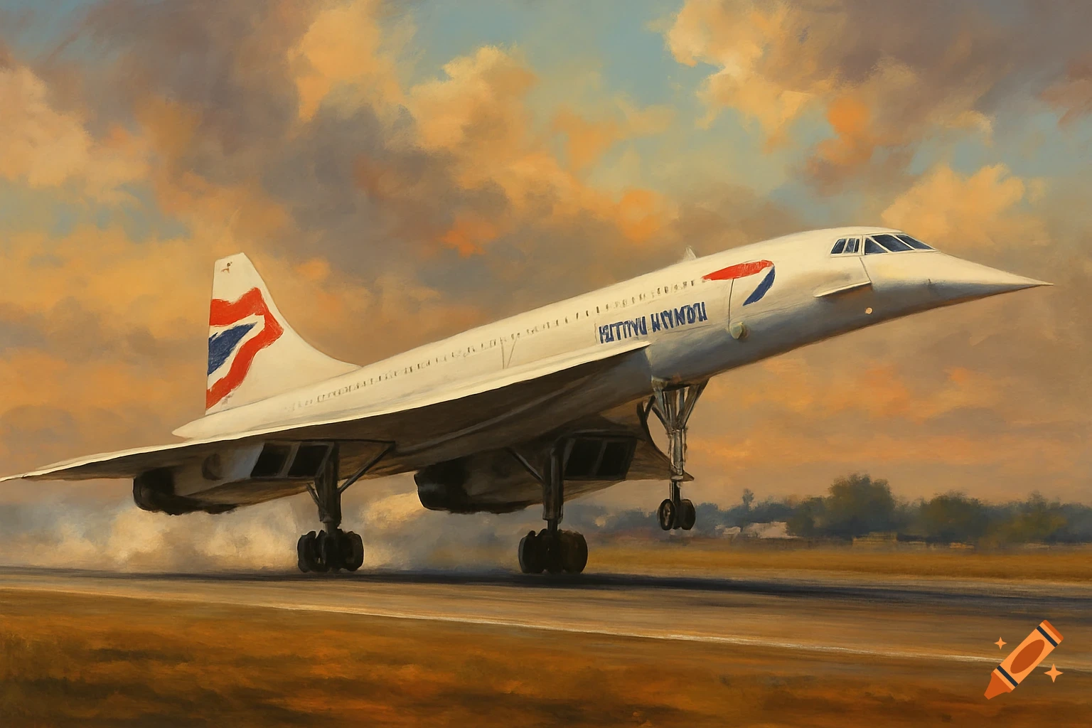 A painting of a British Airways Concorde plane on a runway under cloudy ...