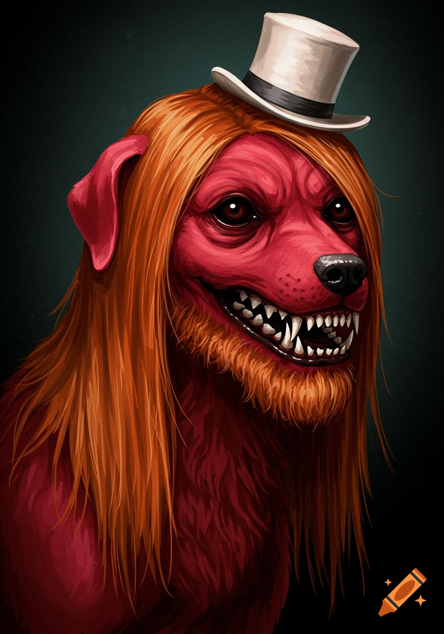 Stylized horror illustration of a red dog with long orange human hair ...