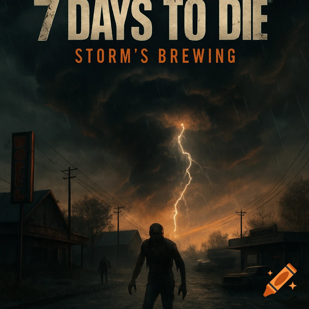 A zombie stands in a stormy, post-apocalyptic town street under a ...