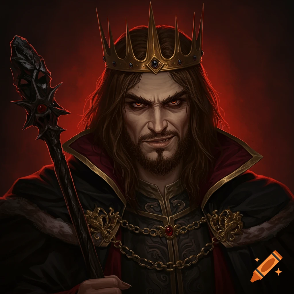 A dark fantasy portrait of an evil king with a crown and scepter. on ...