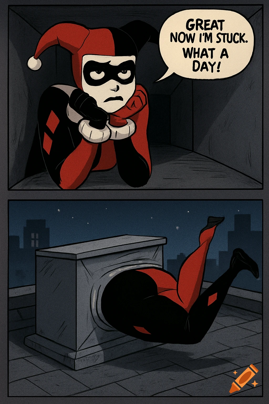 A two-panel comic shows Harley Quinn stuck in an air vent saying 'Great ...