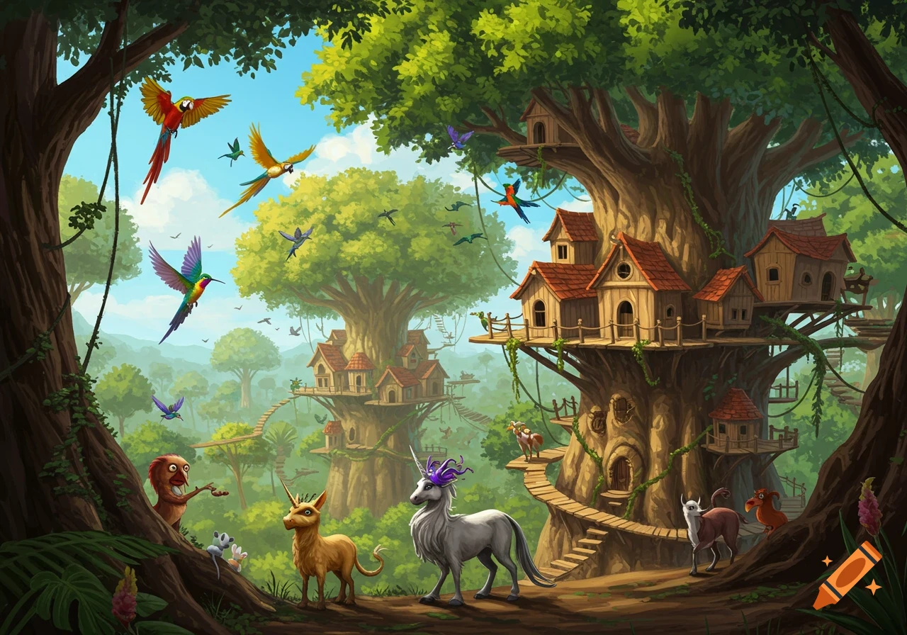 A vibrant fantasy illustration of a treehouse city in a jungle with ...