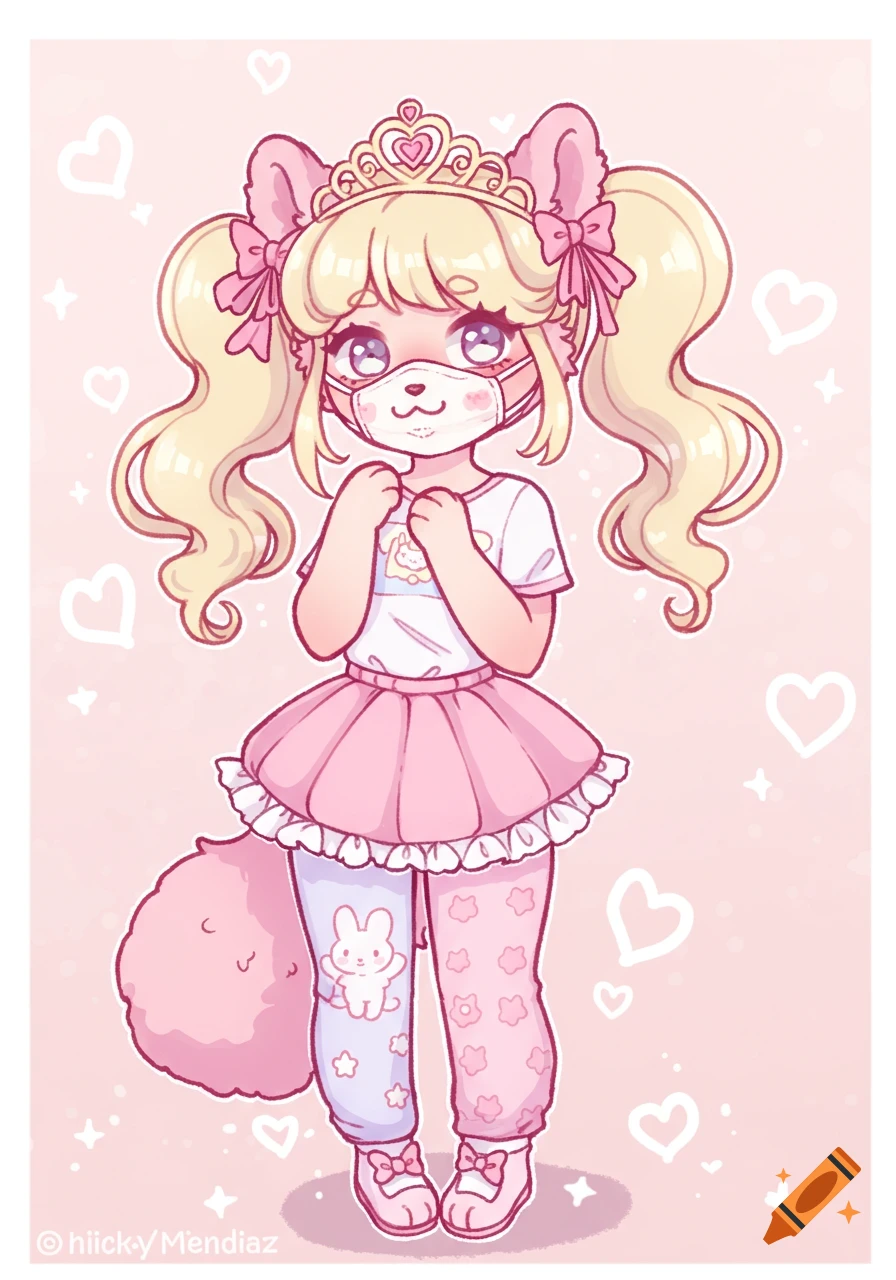 Cute character with pink fur ears and tail, tiara, face mask, pink ...