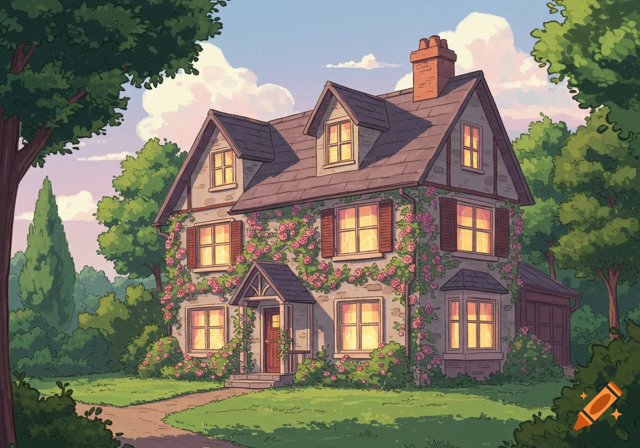 Cartoon illustration of a stone house covered in pink roses with a ...