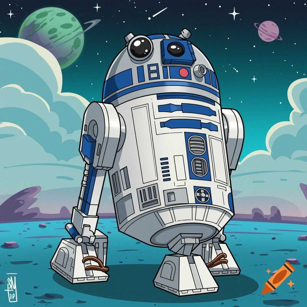 A cartoon R2D2 stands on an alien planet under a starry night sky. on ...
