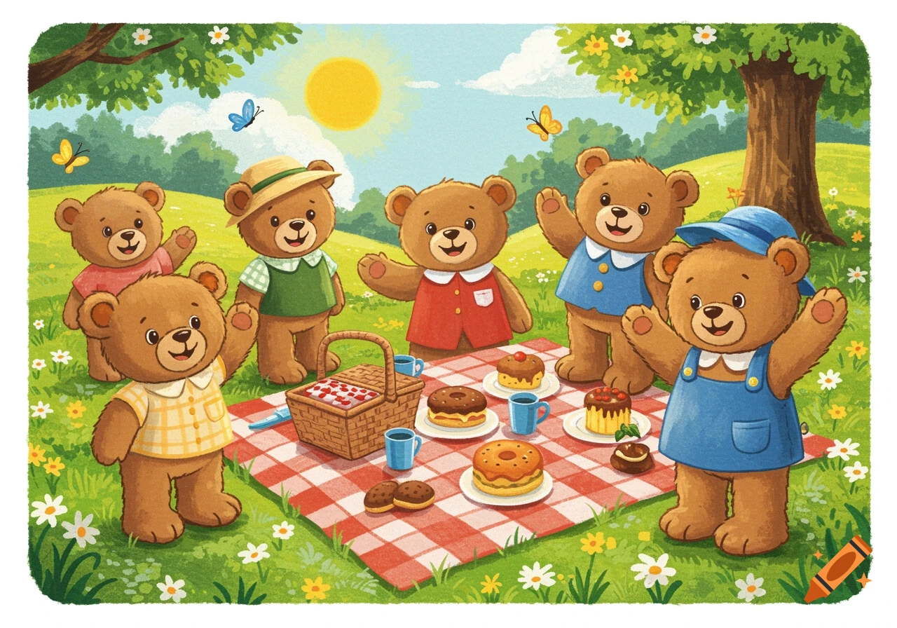 Cartoon illustration of six teddy bears having a picnic in a sunny ...
