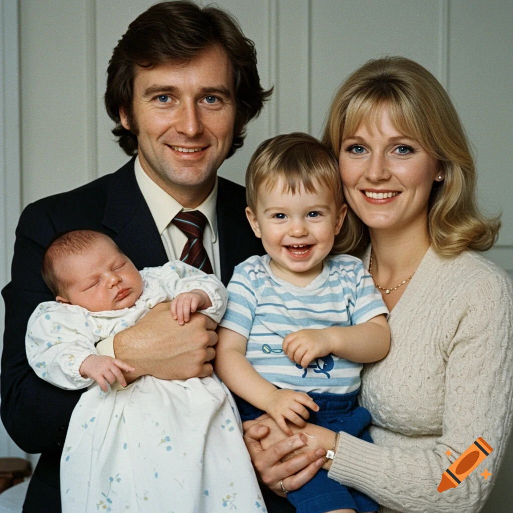 1979 photo of a smiling family with a baby and toddler. on Craiyon