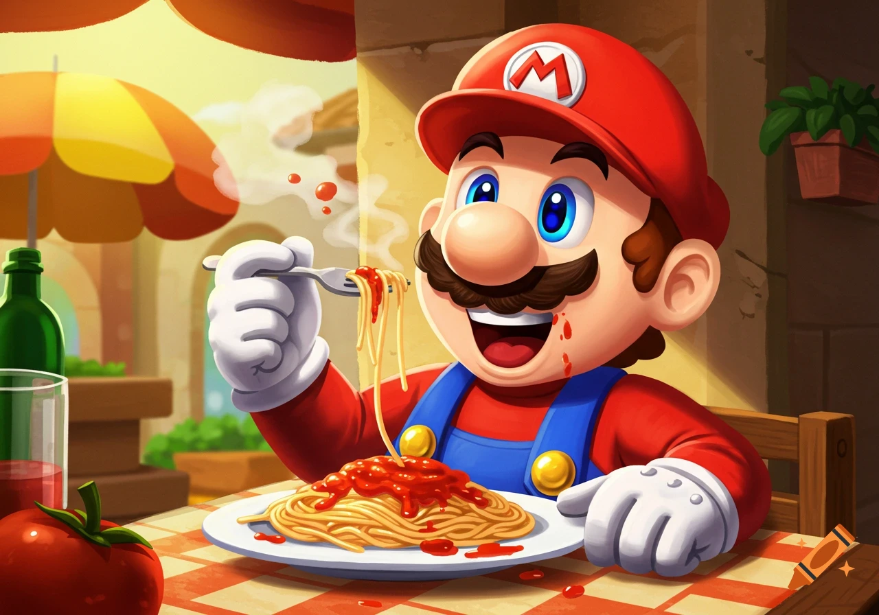 Illustration of Mario happily eating a large plate of spaghetti ...