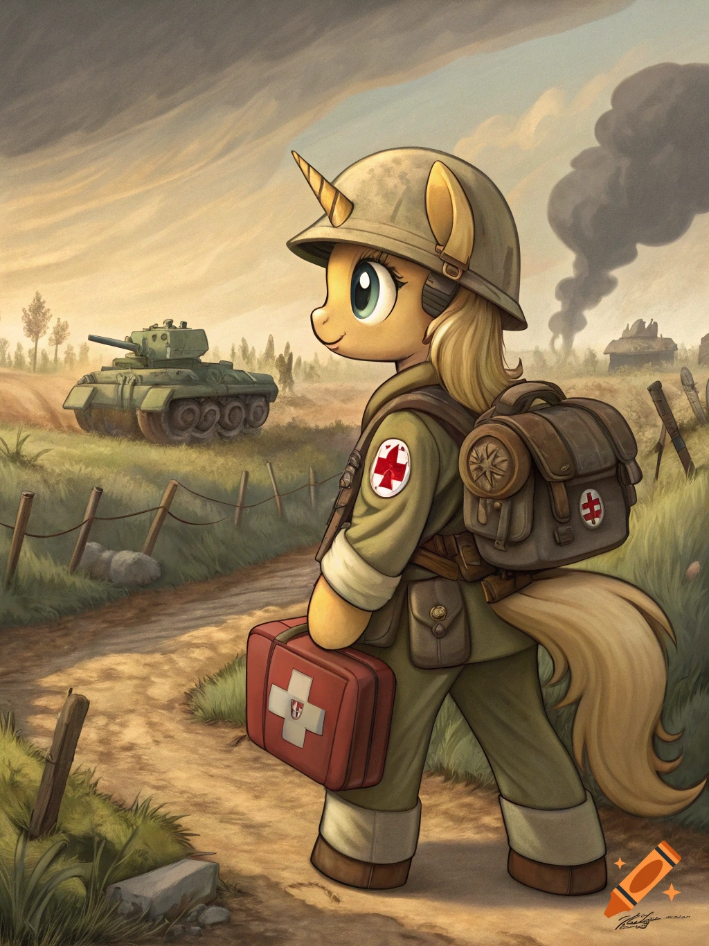 A cartoon pony dressed as a medic walks through a battlefield with a ...