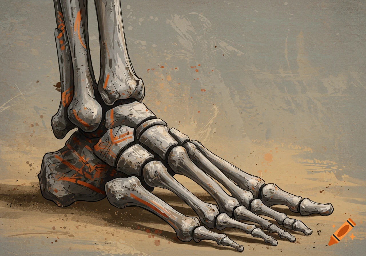 Close-up illustration of artistic foot bones and leg bones with orange ...