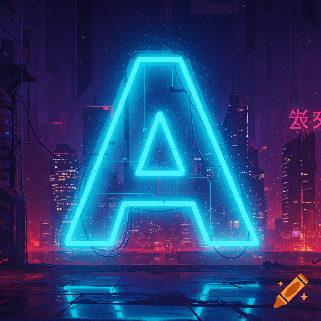 Neon blue capital letter A in a dark cyberpunk city landscape with ...