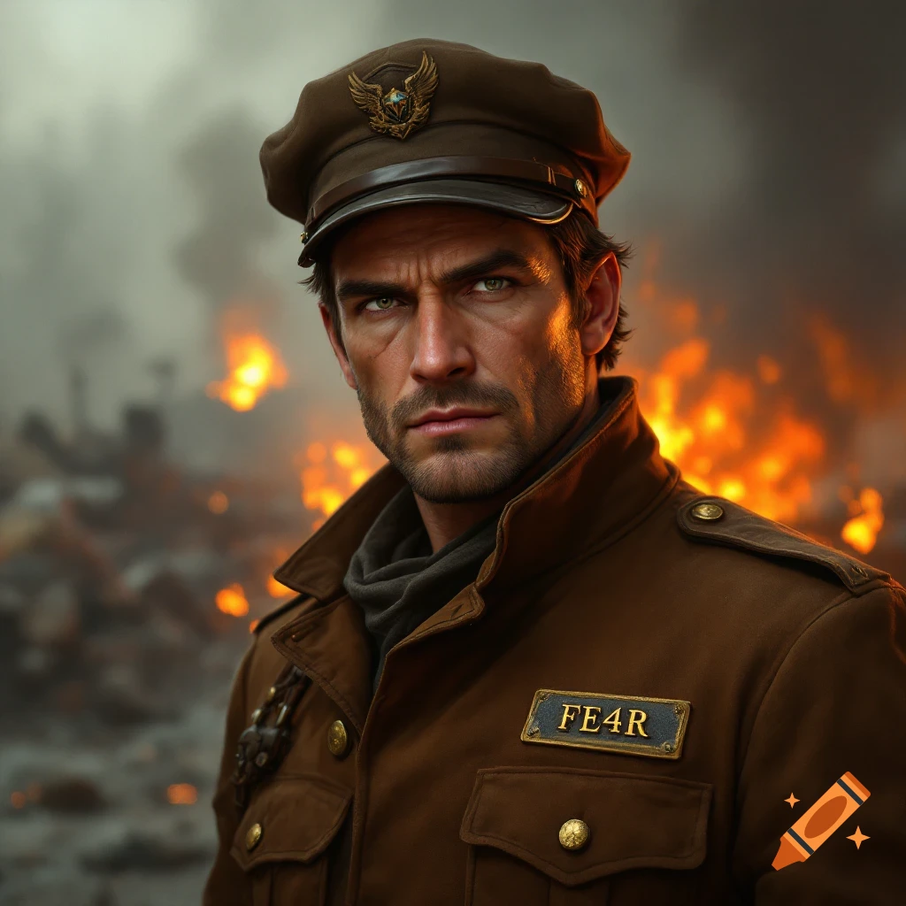 A grim-faced military captain in a brown jacket and cap stands in an ...