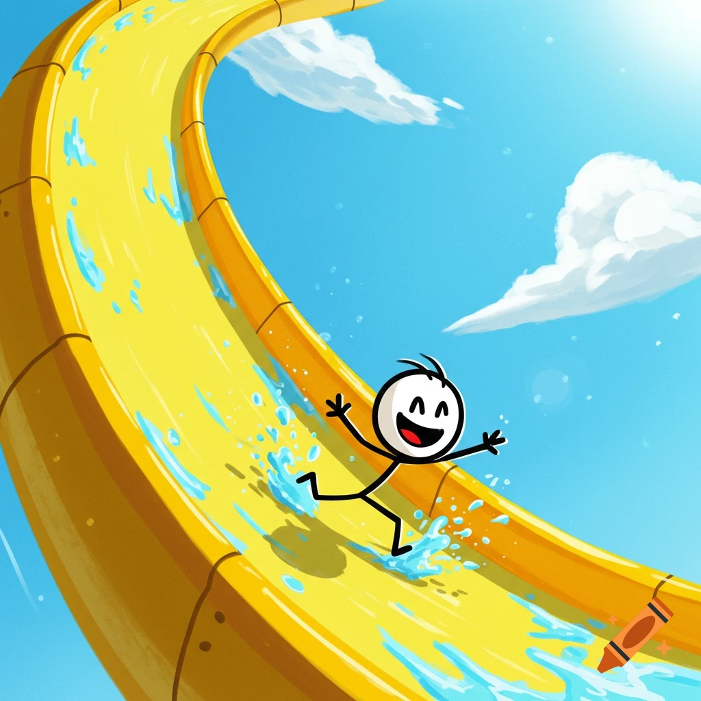 Cartoon stick figure slides down a yellow water slide with water ...