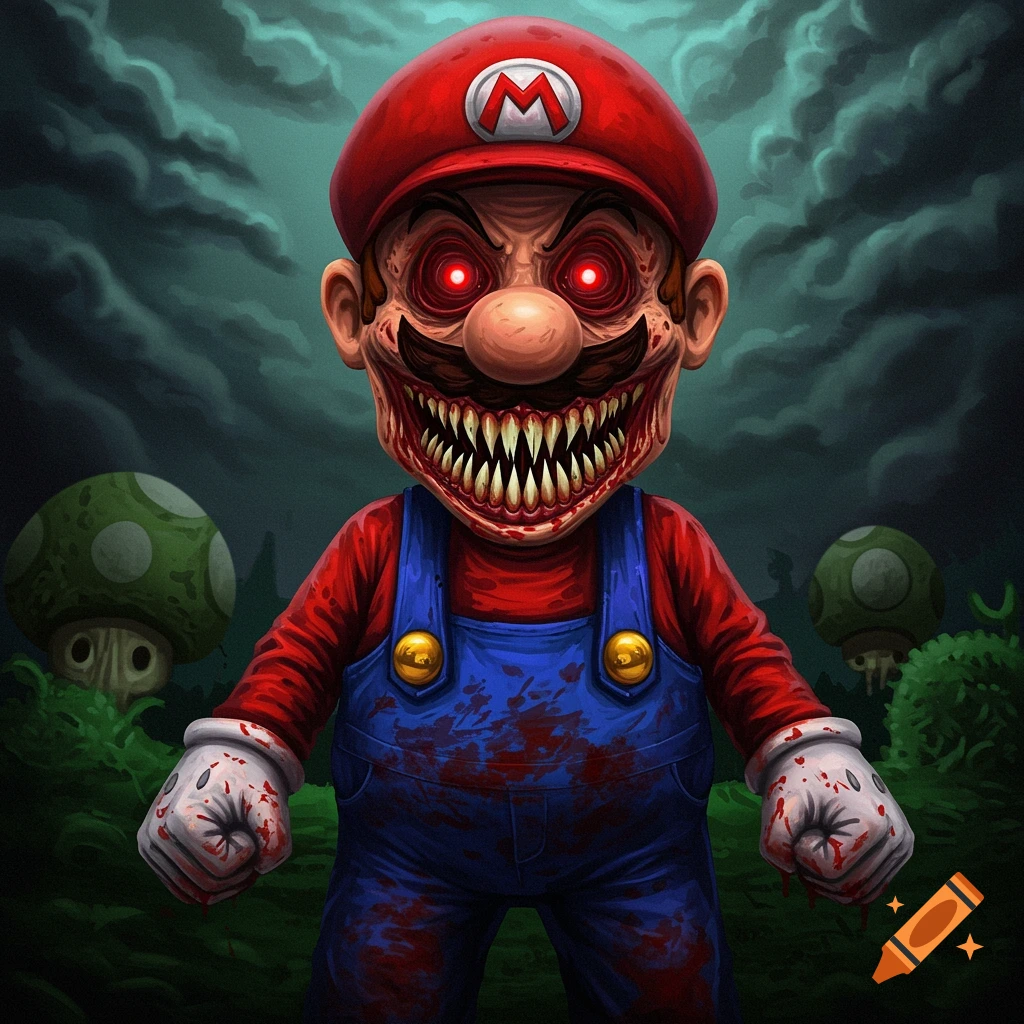 Scary, zombified Mario with sharp teeth, glowing red eyes, and ...