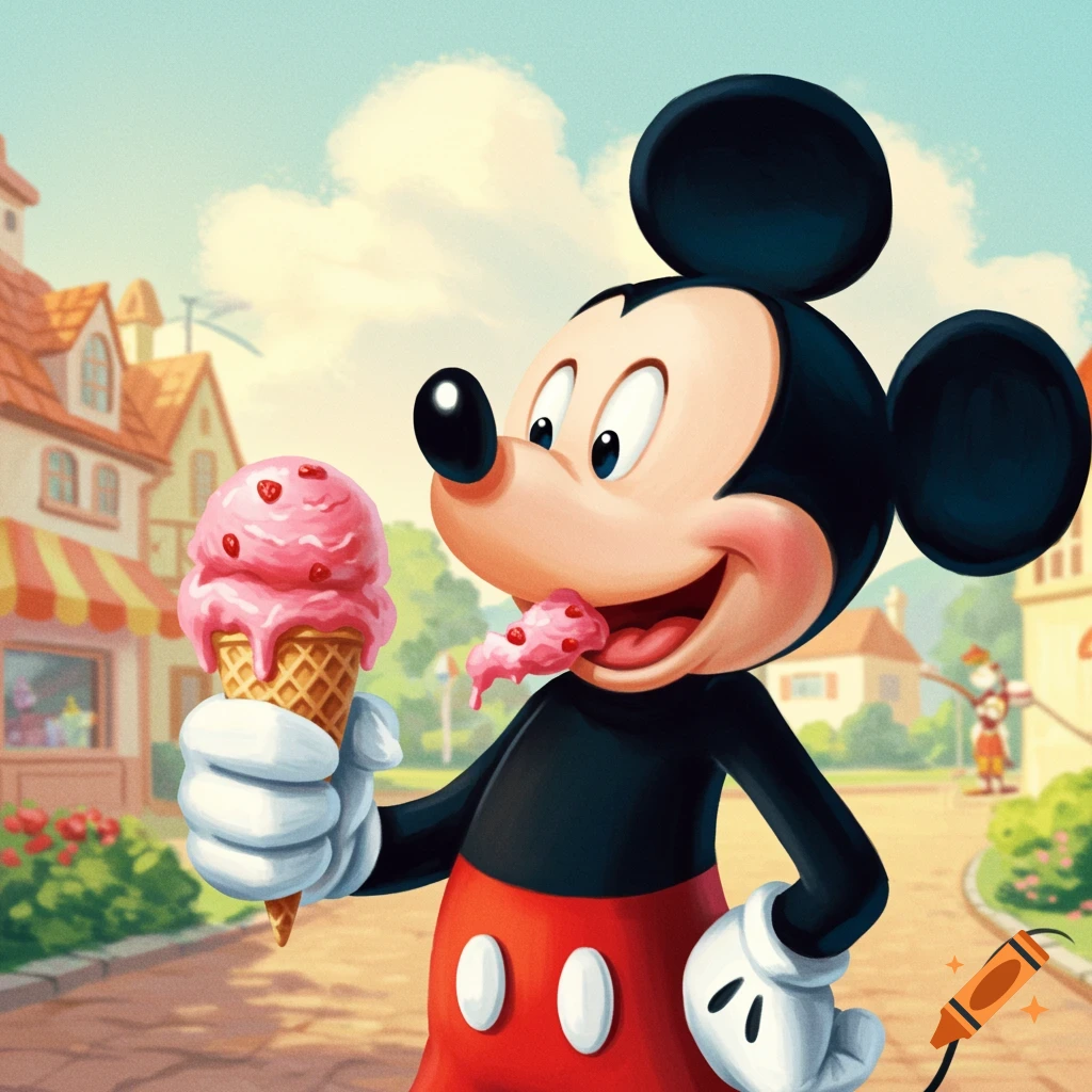 Mickey Mouse smiles while holding and eating a pink ice cream cone in a ...