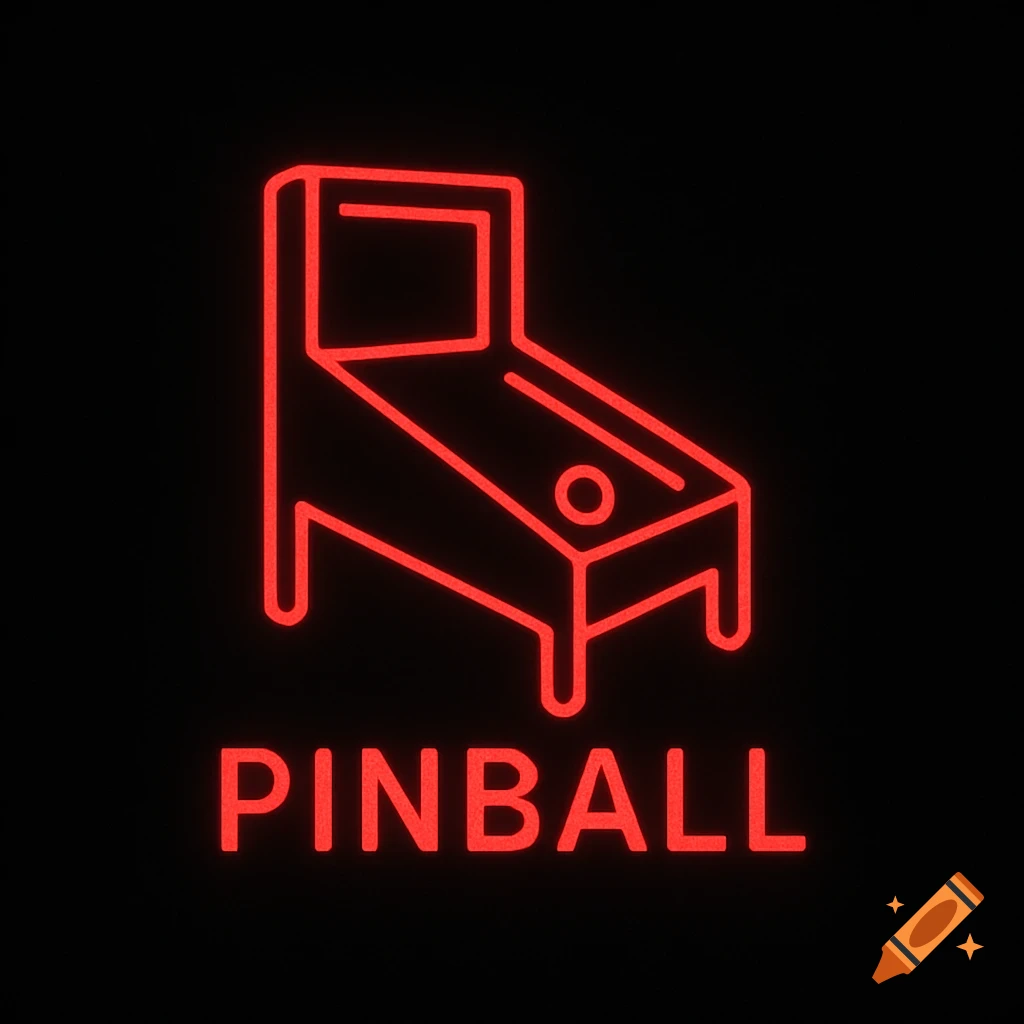 Neon red outline icon of a pinball machine with the word PINBALL below ...