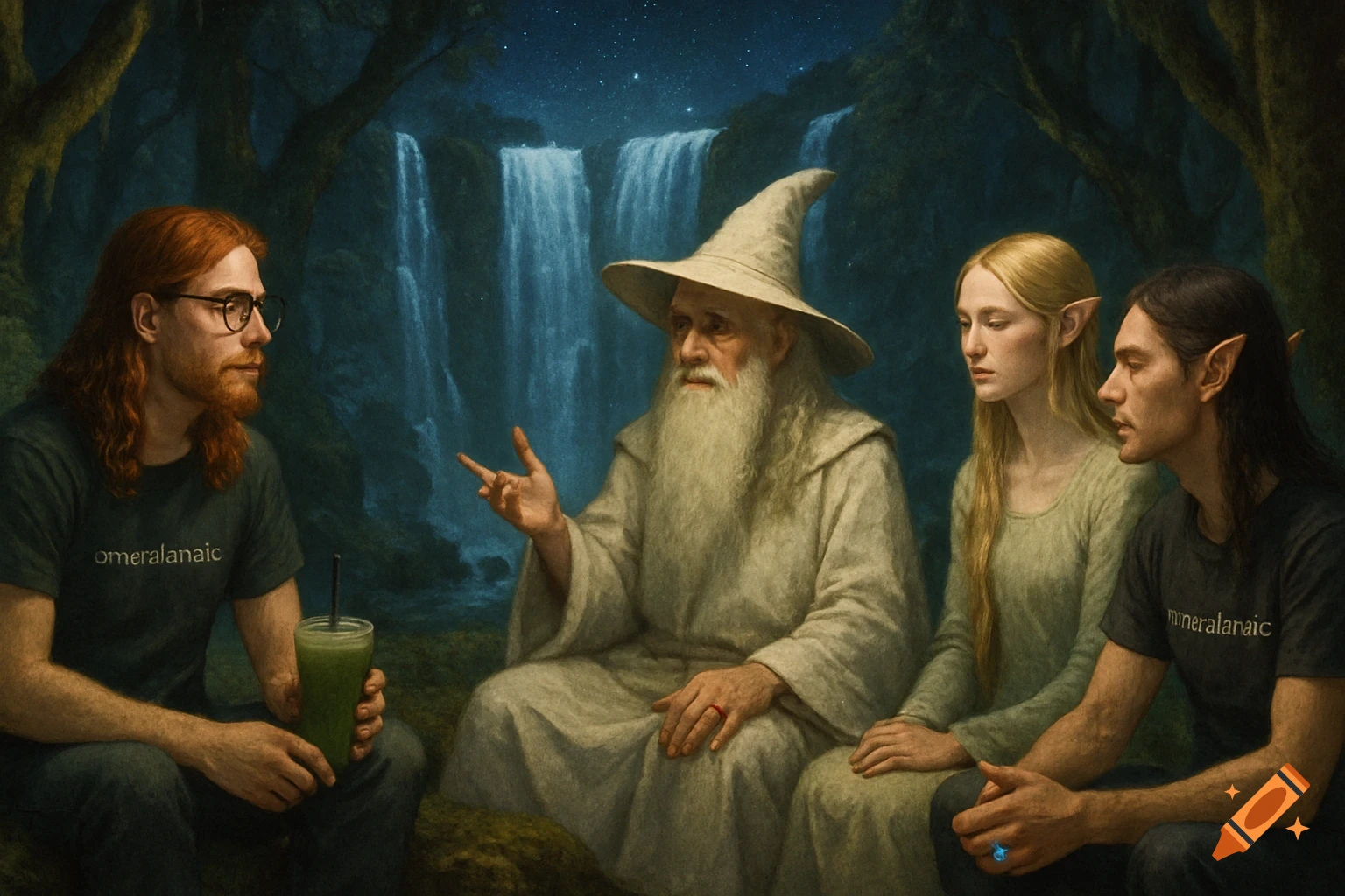 Painted fantasy scene: Wizard, elves, and men talk by starlit ...