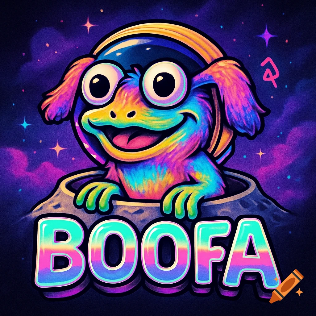 Colorful cartoon frog-dog in a space helmet peeking from a crater with ...