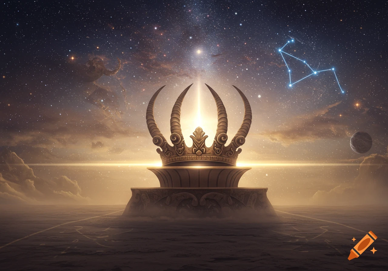 A horned crown on a pedestal sits in a cosmic landscape under a starry ...