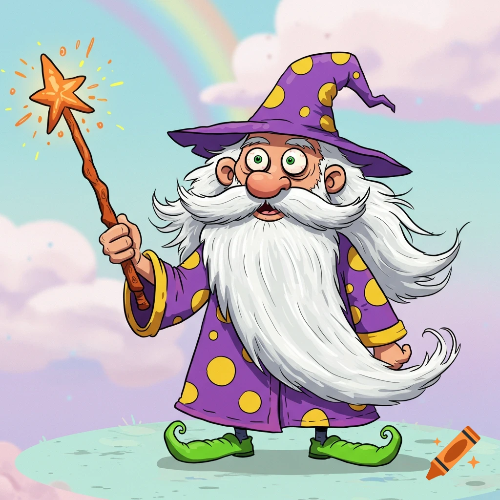 A goofy cartoon wizard with a long beard holds a magic wand under a ...